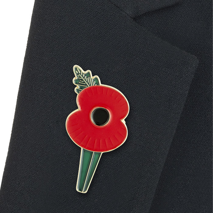 Ridged Poppy Lapel Badge With Leaf – Poppy Shop UK